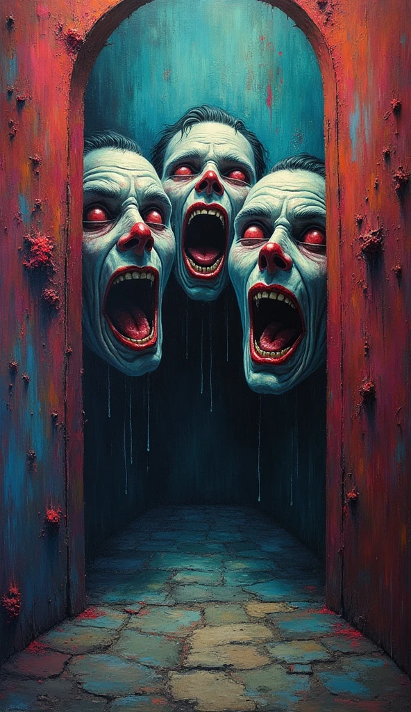 A vibrant, eerie painting inside a room, depicting the faces of trapped ...