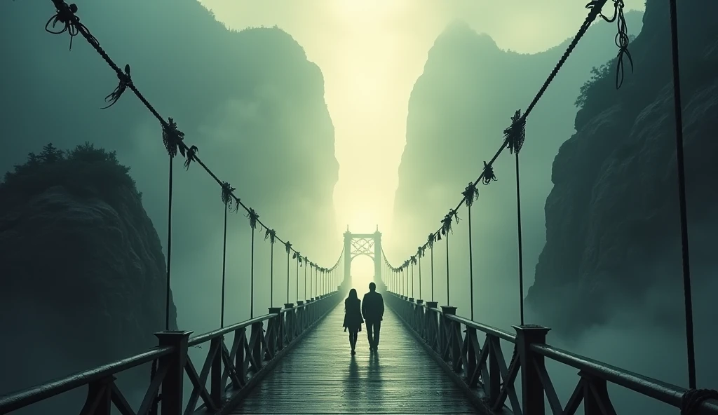 A long suspended bridge connecting two mountain peaks, shrouded in ...