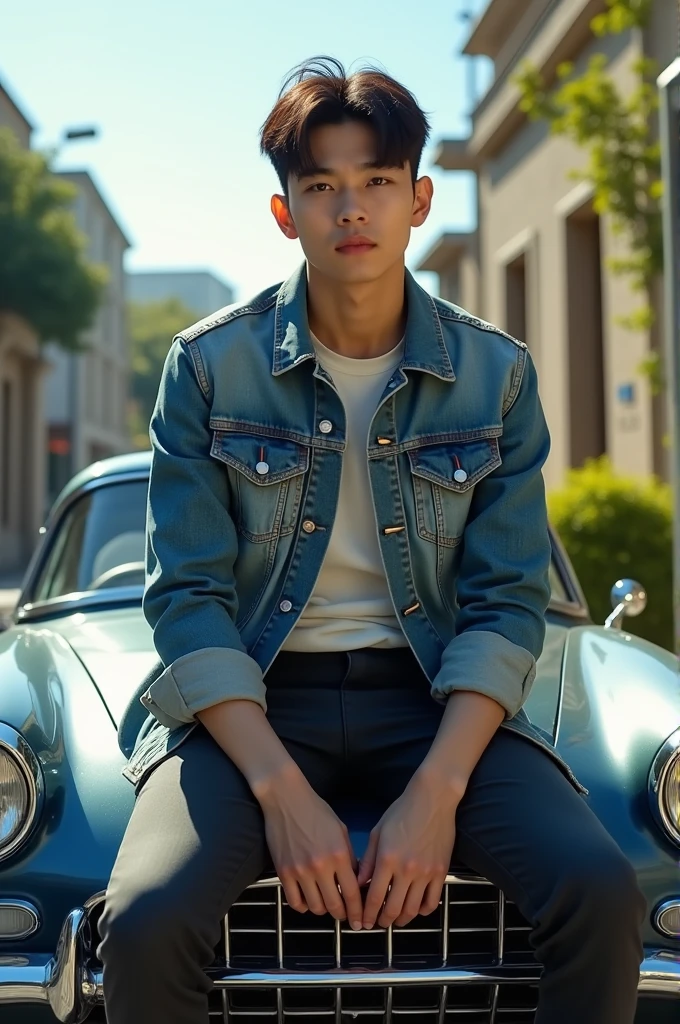 CWO Indo Faced Korean Handsome Wearing Denim Jacket Sitting On Top Of ...