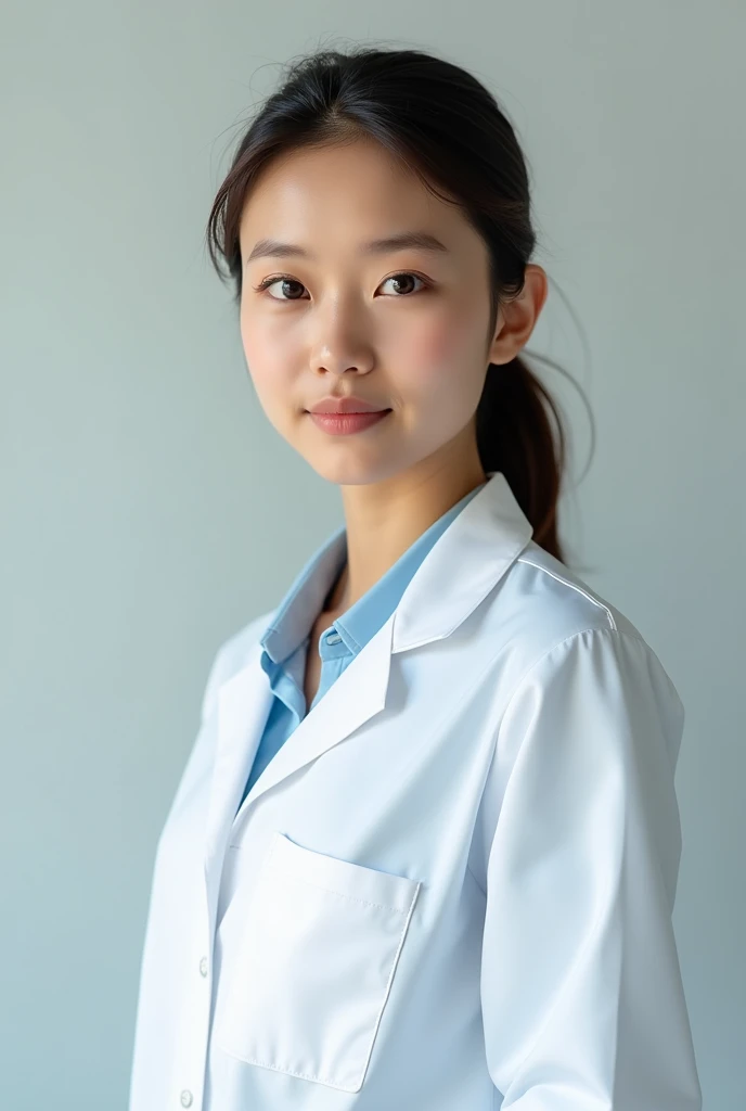 Create a photo of an expert woman in a white coat , of approximately 25 ...