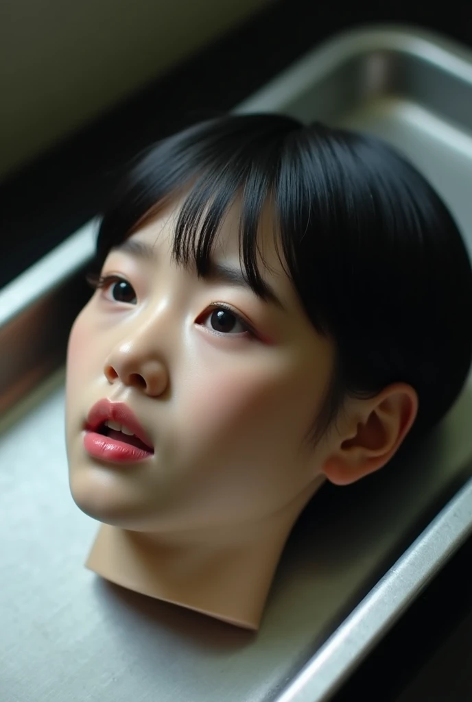 A beautiful young asian woman's disembodied head is lying on a silver ...