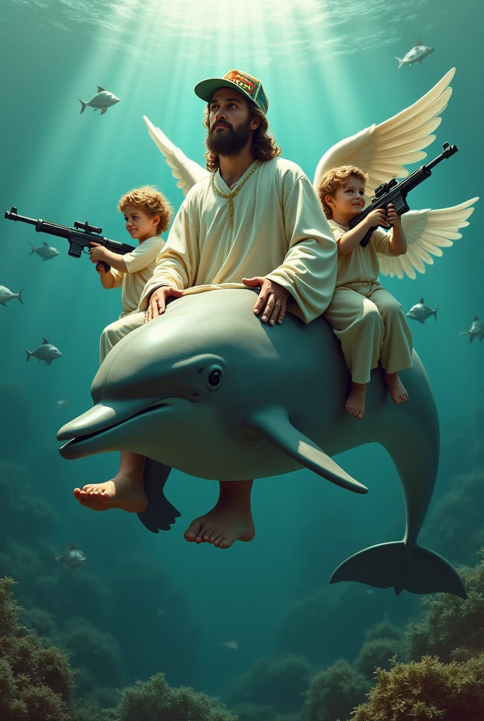 Jesus on top of a dolphin wearing Fidel Castro's hat with little angels ...