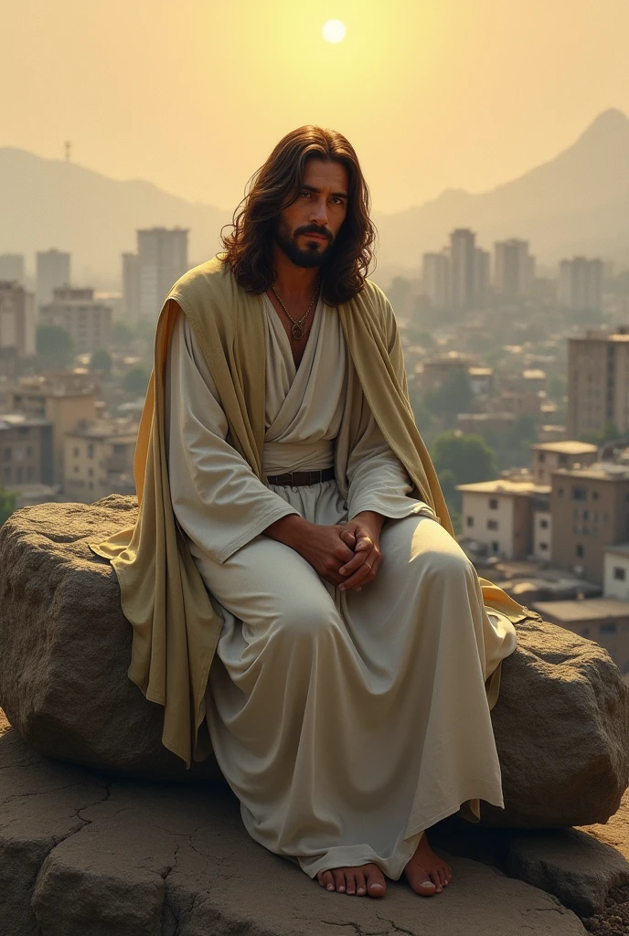 Jesus Christ sitting on a large rock, looking directly at the camera ...