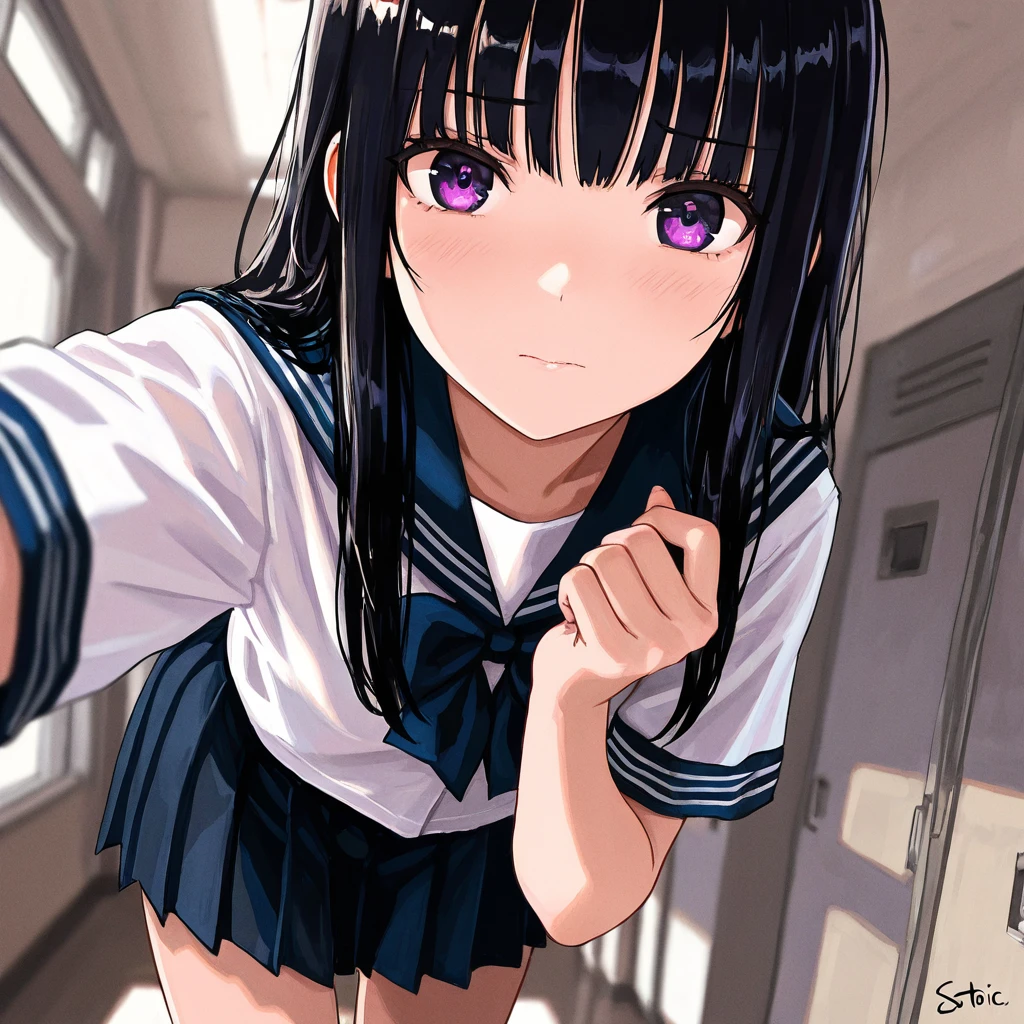 1girl,long black hair,school uniform,Stoic face,purple eyes ...