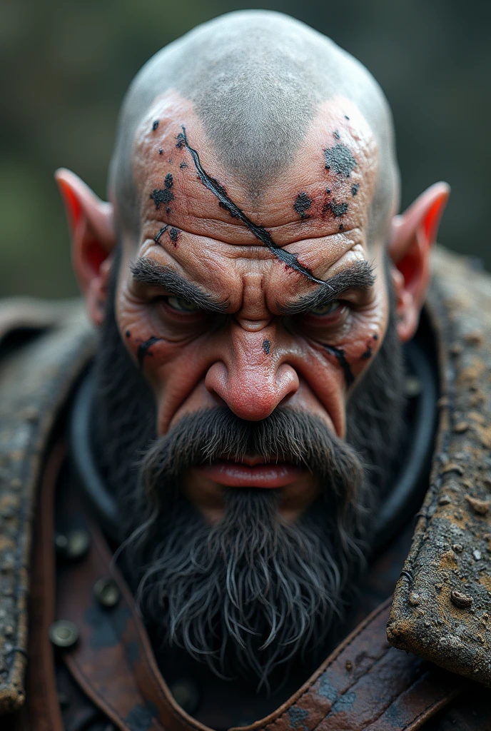 Half-orc, grey leather. The whole head is scarred , the top of the head ...