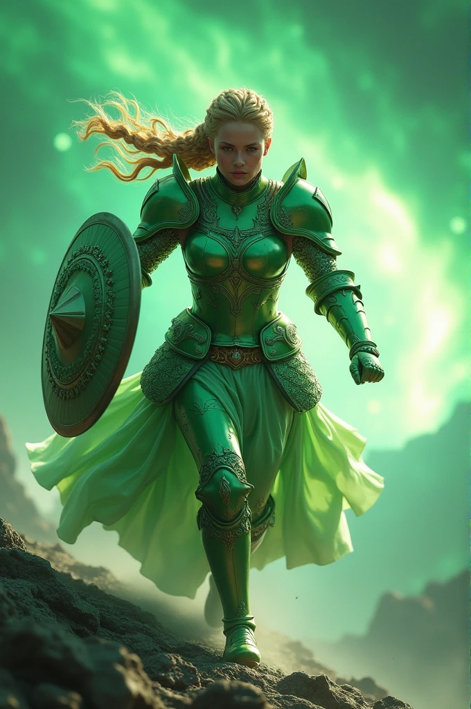 Blonde woman in braids . Wearing light green resin armor. Composed of a ...