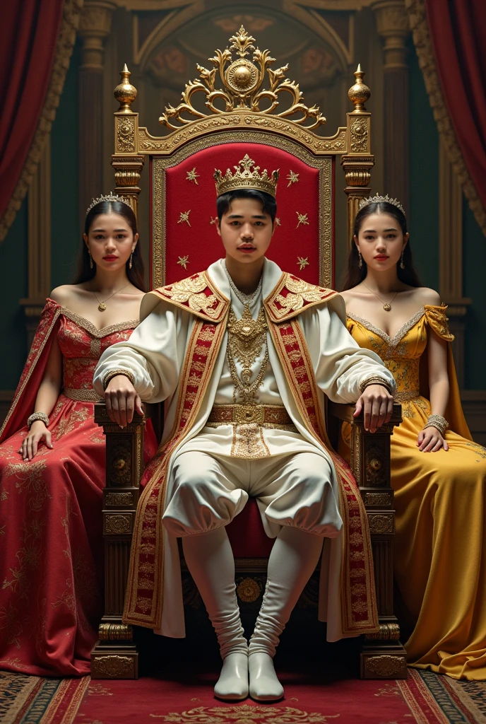 Handsome Asian man wearing clothes of the king of Romania is sitting on ...