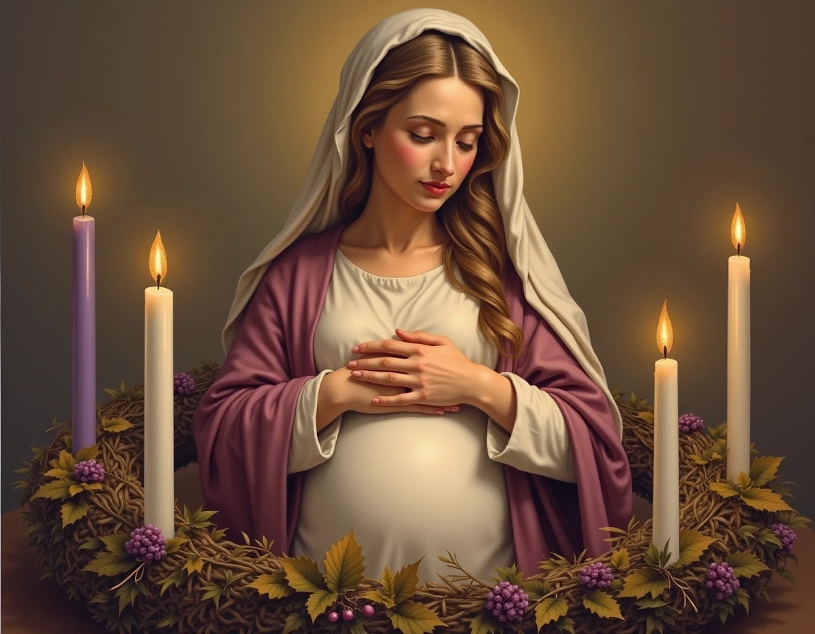 Mary Most Holy makes her pregnant waiting for Jesus with a wreath with ...