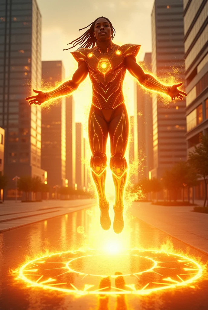 "Showcase a hyper-realistic photoshoot of Solaris King, a radiant Black ...