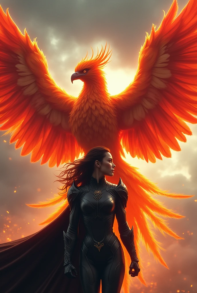 "An ultra-realistic scene of a fiery phoenix and a heroic female ...