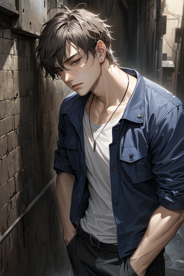 Masterpiece, semi-realistic. A human male in his early 20's. He is in ...