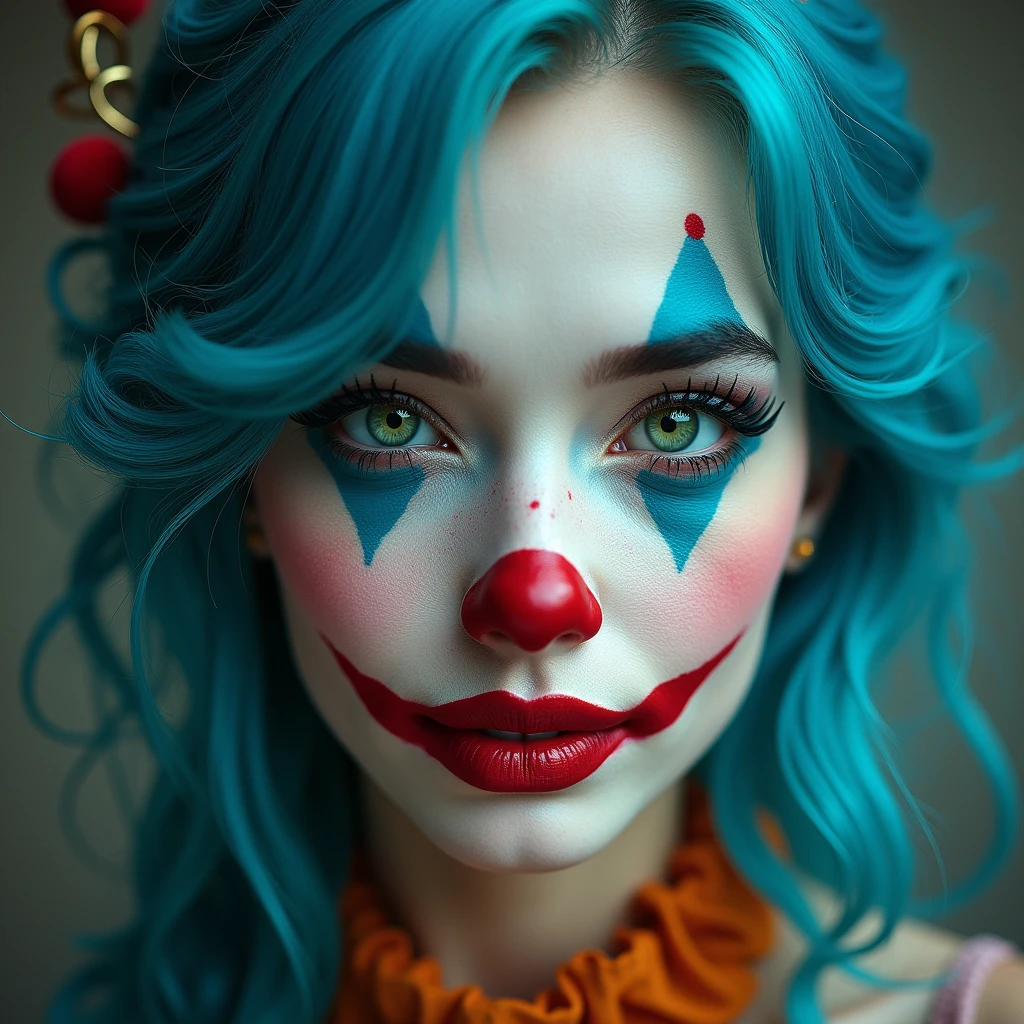 Woman painted as a clown, green eyes, winked blue hair, beautiful ...