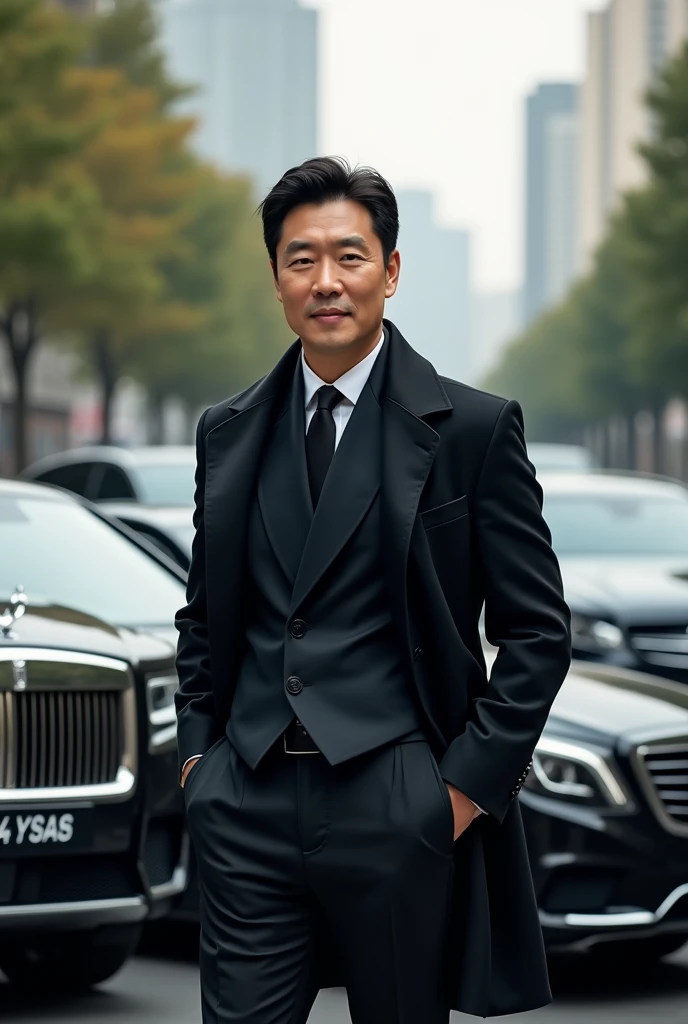 Un homme Coréen habiller en tenue de ville avec un cravate noir debout ...