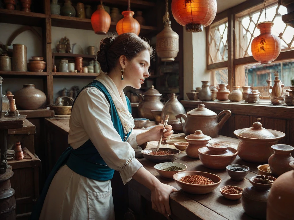 A colonial port with merchant ships loaded with goods (air, spices ...