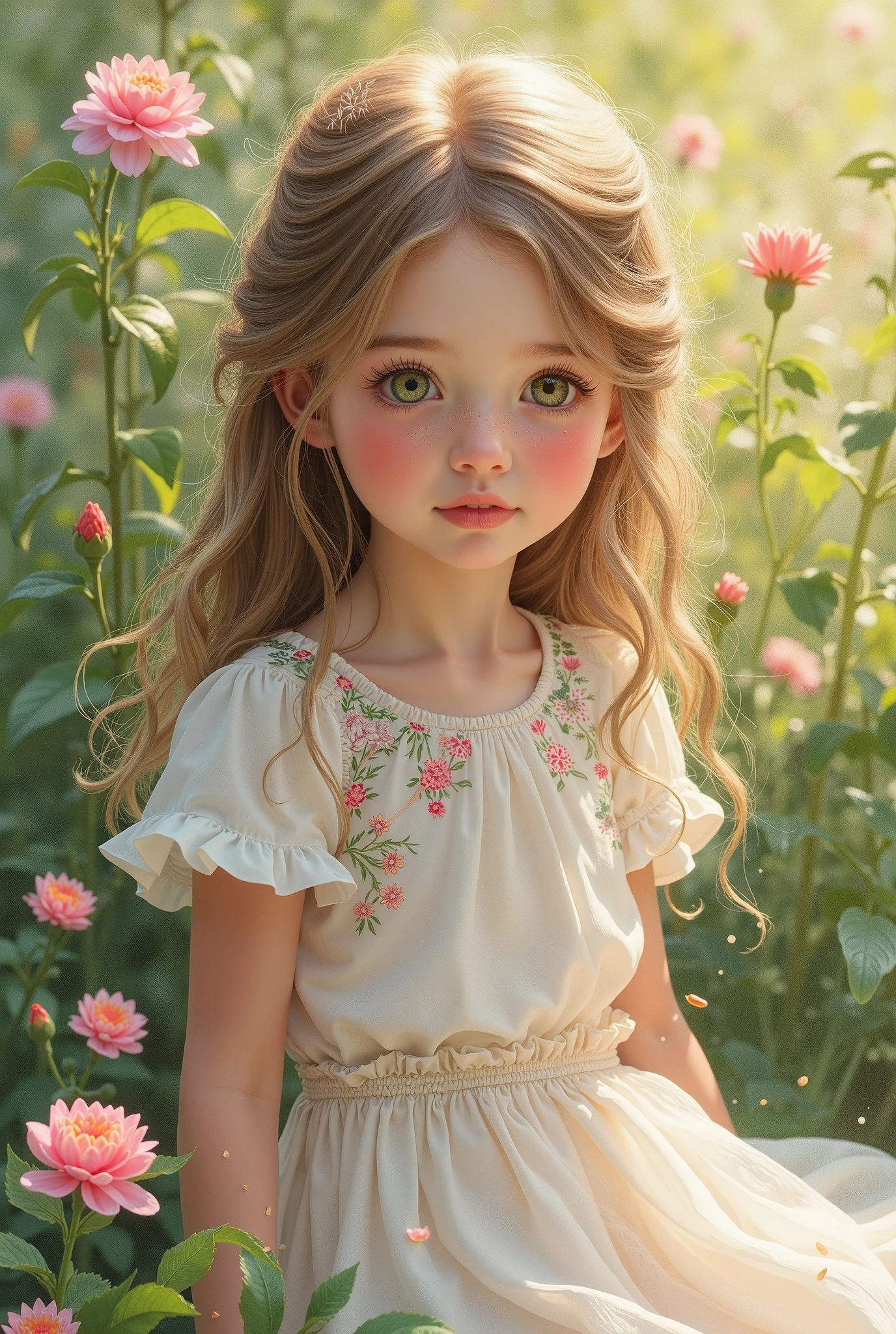 There is a little girl sitting in a field of flowers - SeaArt AI