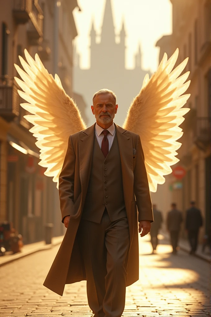 An image of a man walking to church with his angel. - SeaArt AI