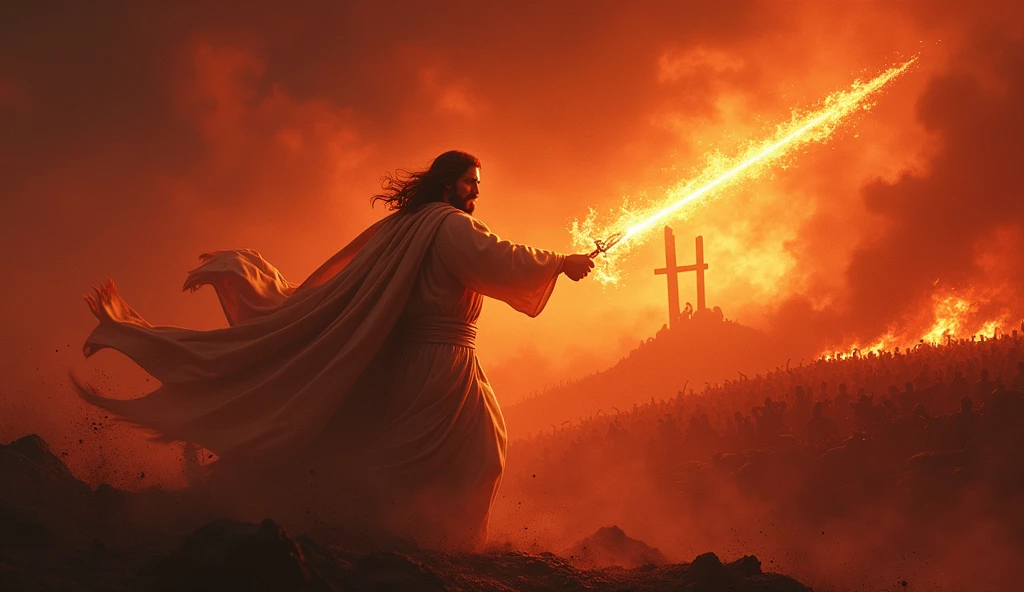 Jesus wielding a flaming sword, battling a horde of shadowy demonic ...