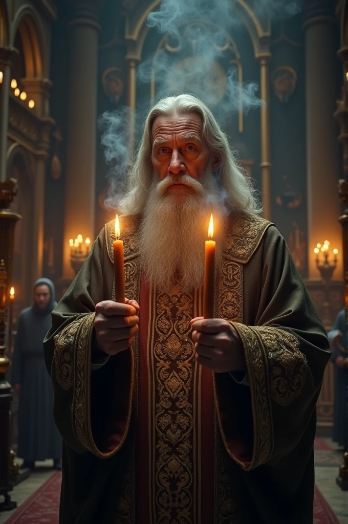 Help create a picture of a priest holding incense candles - SeaArt AI