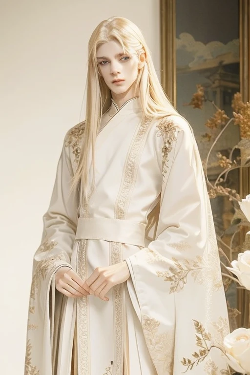 A pretty handsome, delicate, Skinny Male, Very long light blonde hair ...