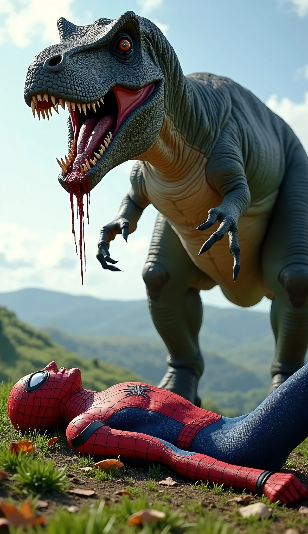 Araffe and spider - man are fighting in a field with a dinosaur - SeaArt AI