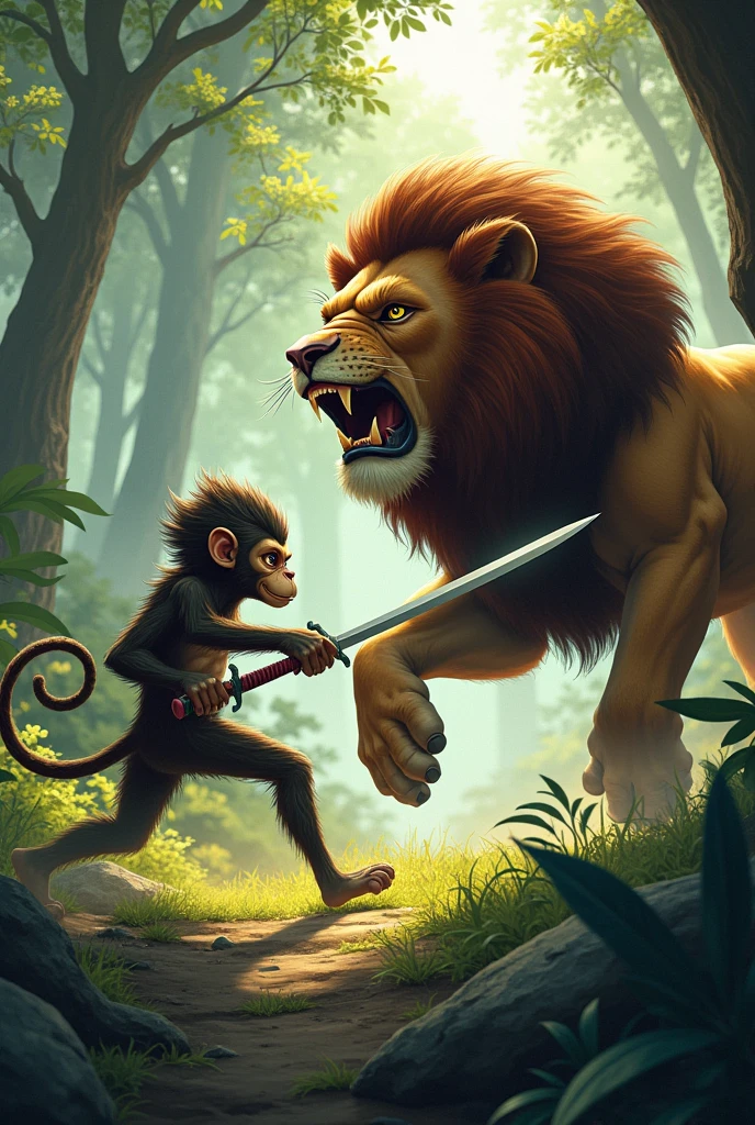 "Monkey attacked on lion with sword" lion run away. - SeaArt AI