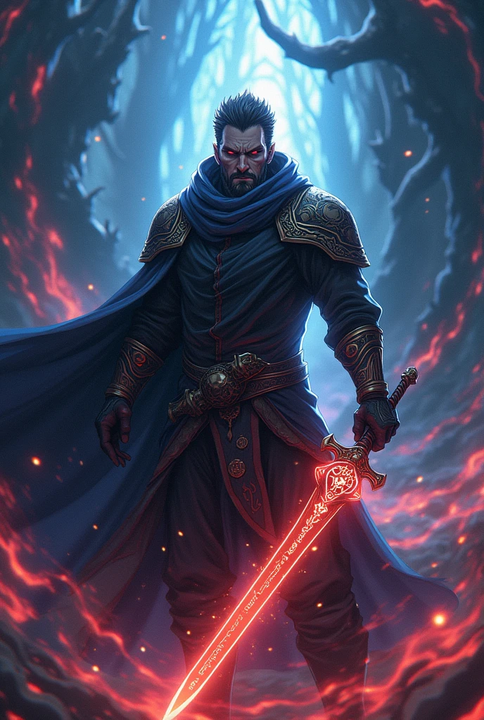 Anime, a man with magic, wielding a sword. The background is dark and ...