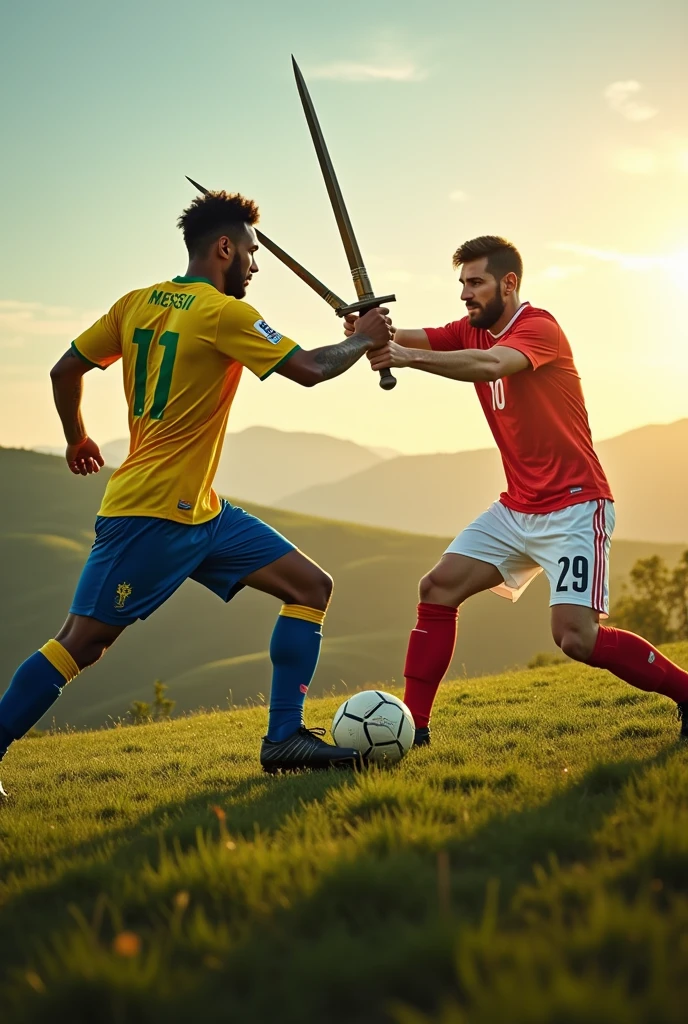 Soccer player Neymar sword fighting with Messi on the hill - SeaArt AI