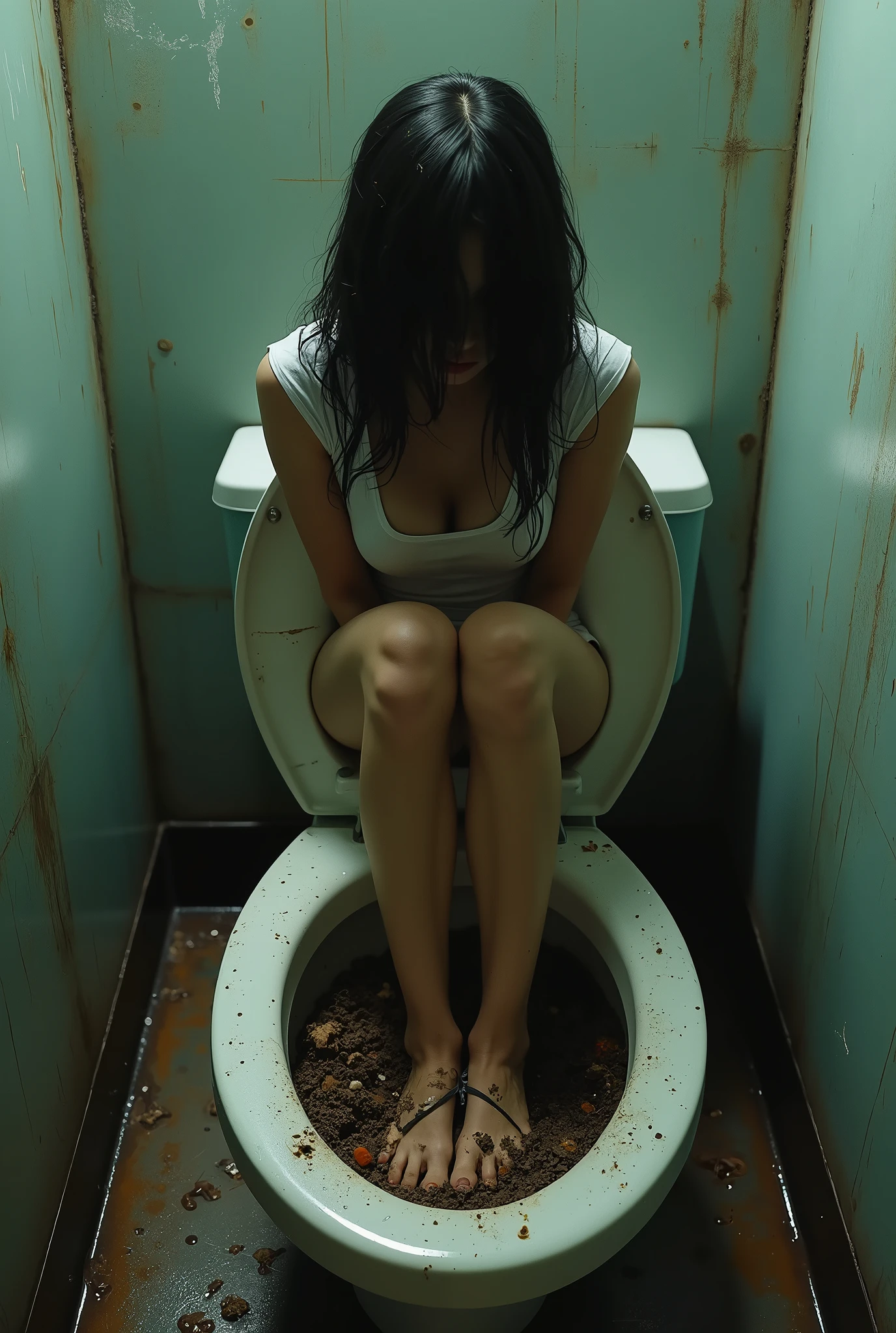 Araffe sitting on a toilet in a dirty bathroom with a dirty floor - SeaArt AI