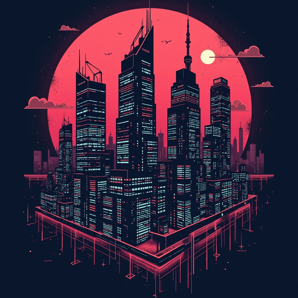 2d vector illustration, tshirt design, cyberpunk city, (best quality ...