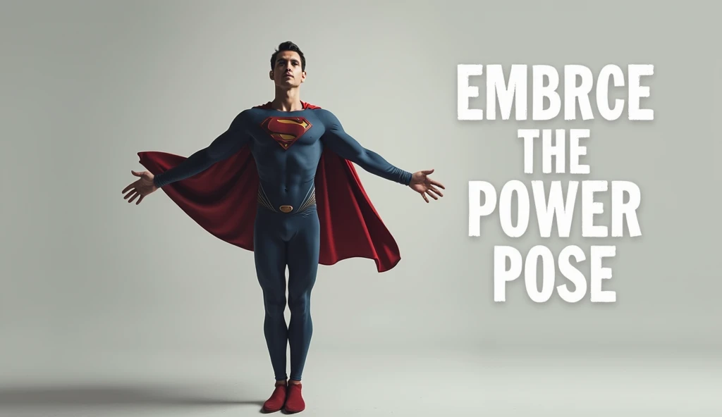 A person doing a superman pose, plain background, with the sentence ...