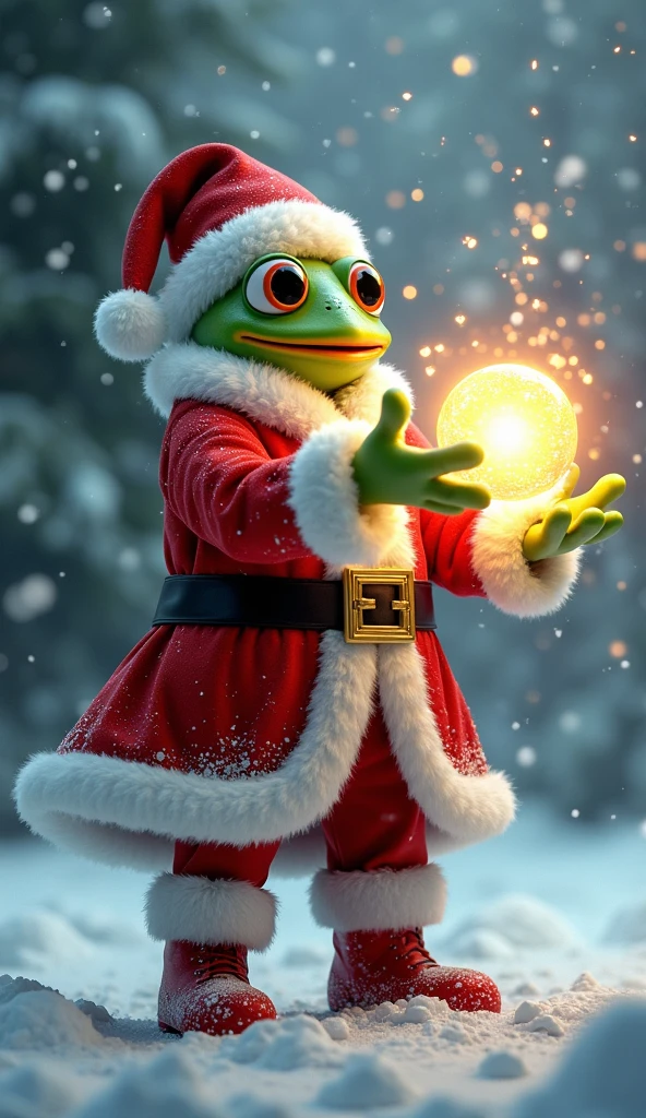 Realistic Pepe meme frog Santa doing magic from his hands creating a ...
