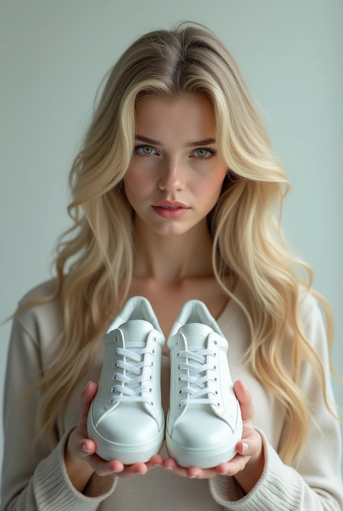 A young beautiful European-looking woman with blond long hair holds a ...