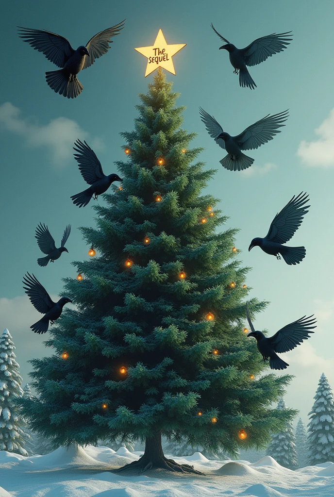 Christmas tree with flying crows and a sign on the star above that says ...