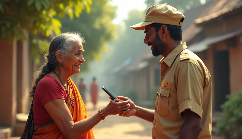 An indian 35-40 years postman on his bicycle wearing a khaki pant shirt ...
