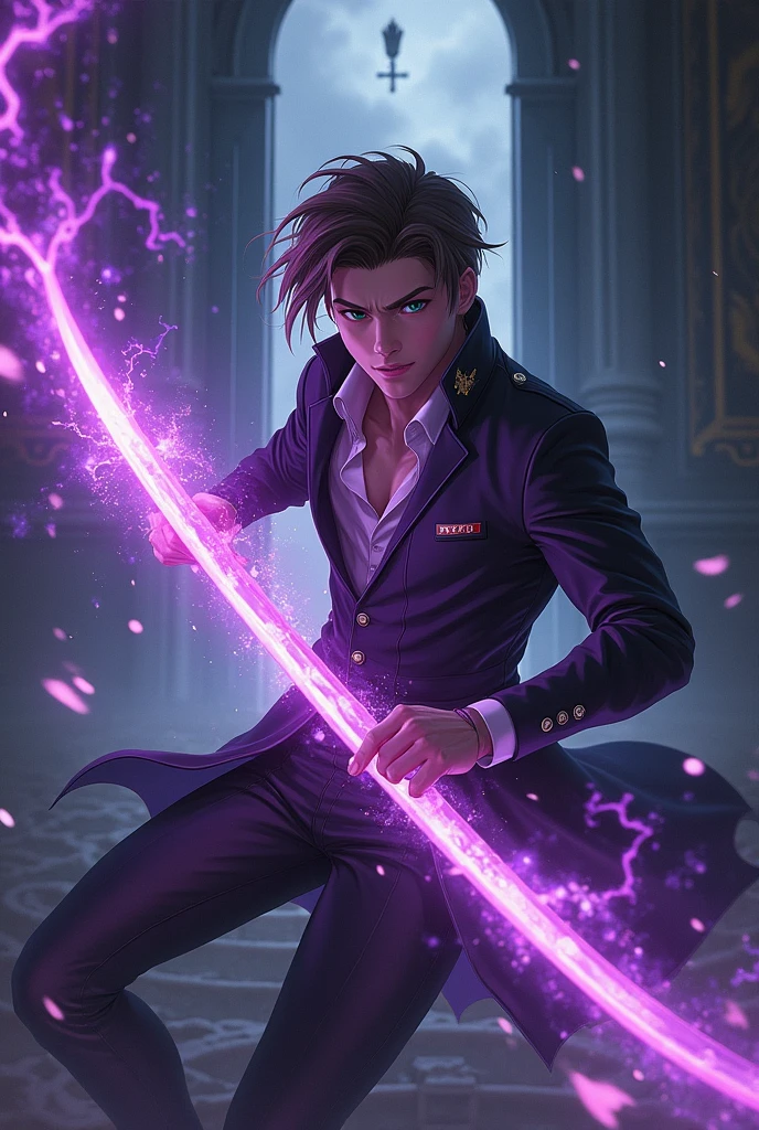 Esper, a cute guy with short hair, green eyes, is swinging a sword that ...