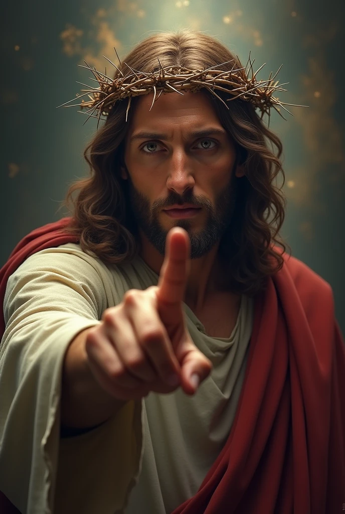 Create an image of Jesus with the crown on his head and his finger ...