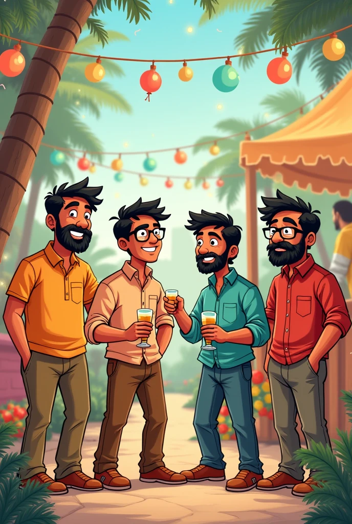 Create a cartoon where 4 male Indian friends are celebrating friendship ...