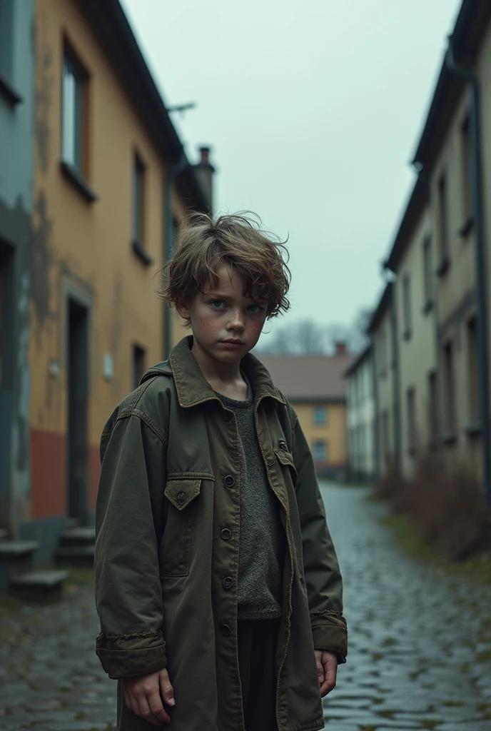 "A melancholic and atmospheric scene featuring a German orphan standing ...