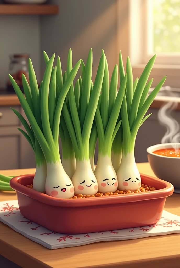 Two-dimensional cartoon happy chives in the food tray next to the soup ...