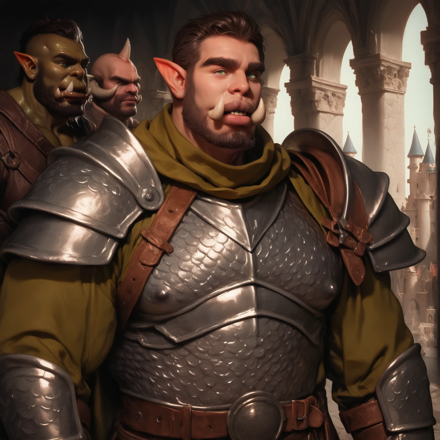 Portrait of a (male) half-orc warrior, front view, (medium shot - SeaArt AI