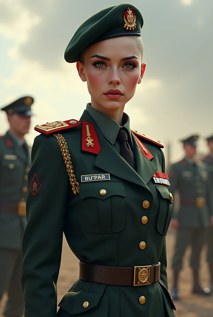 Create an army general , a woman with an angelic face and an imposing ...