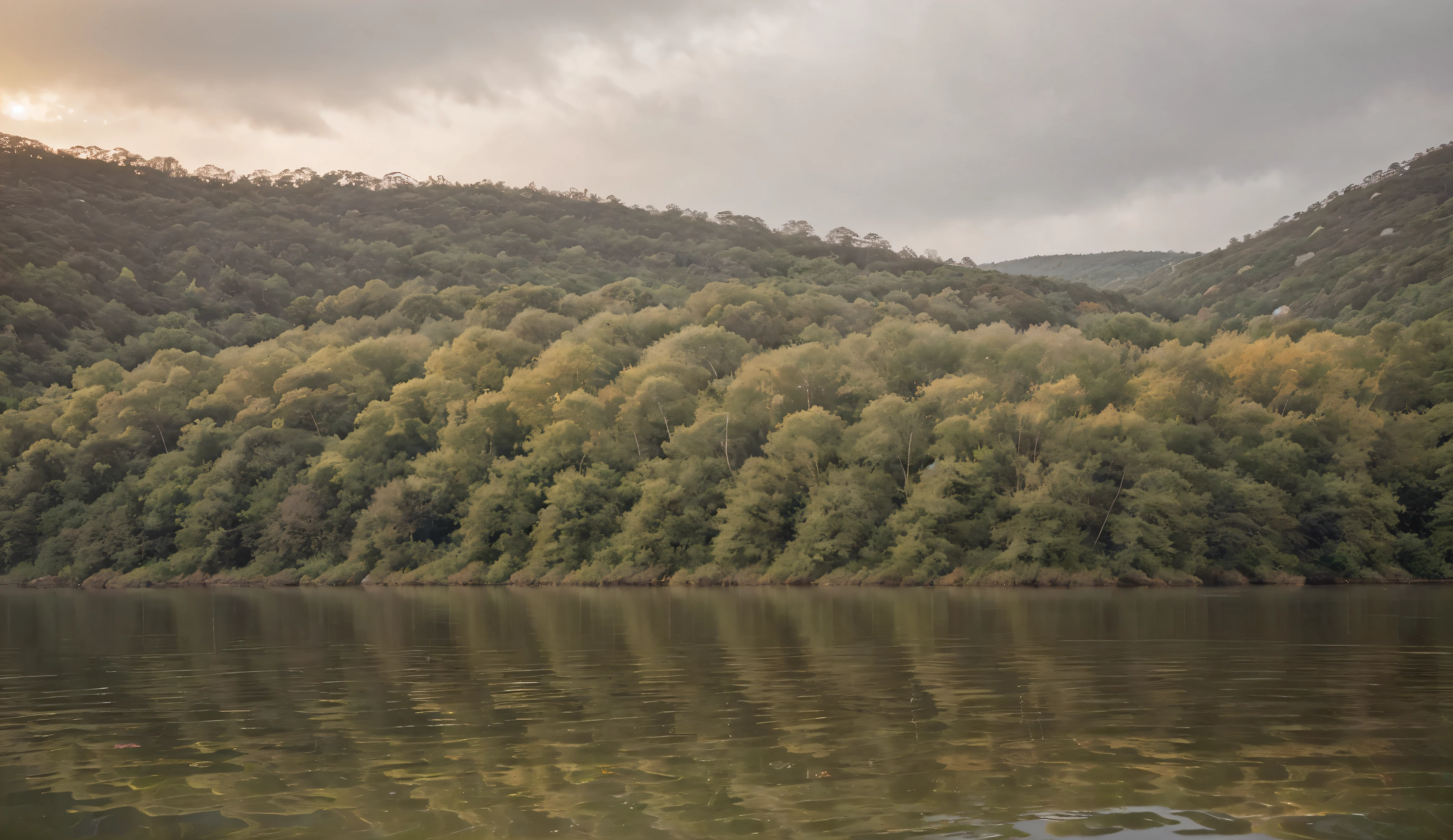 Trees are reflected in the water of a lake with a boat - SeaArt AI