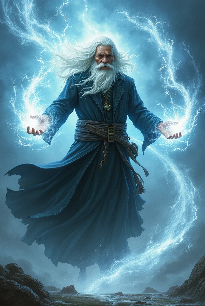 A weather warlock , with white hair and brown skin , rays emanate white ...