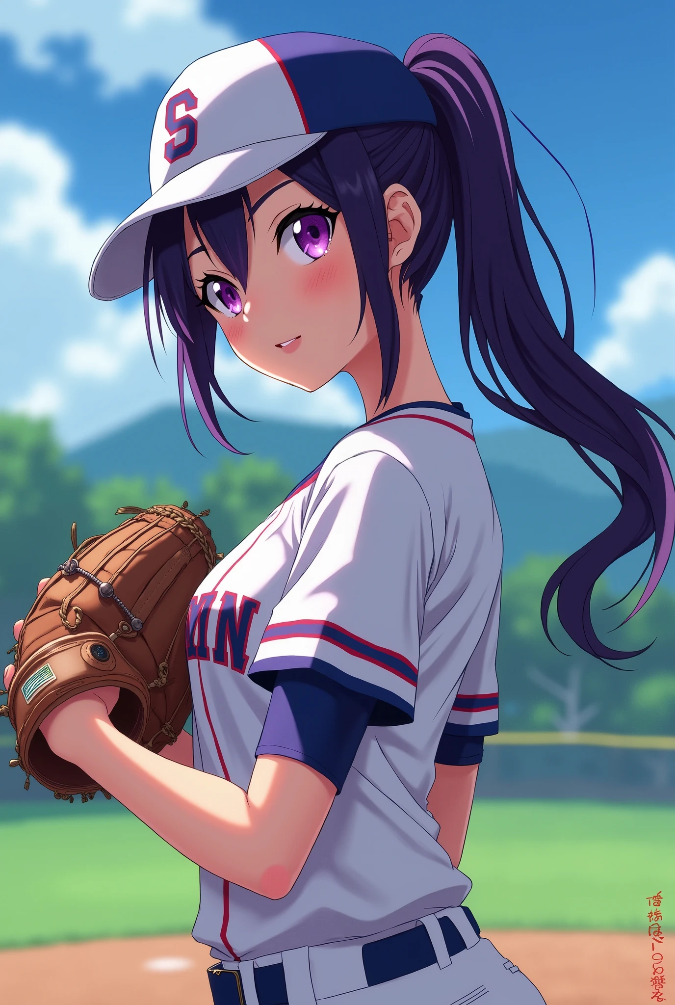 Anime girl in baseball uniform holding a baseball glove on a field ...