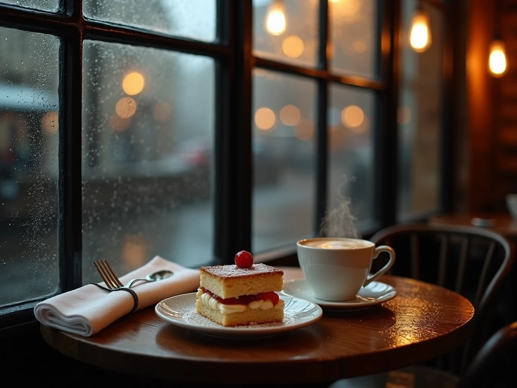 A cozy café scene on a rainy evening, viewed from a diagonal angle near ...