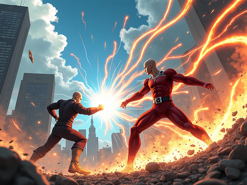 "An epic battle scene inspired by the manga 'One Punch Man.' The image ...