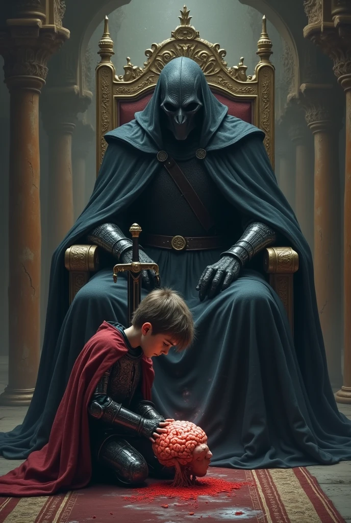 A knight kneels with a sword in his hand piercing the brain of an enemy ...