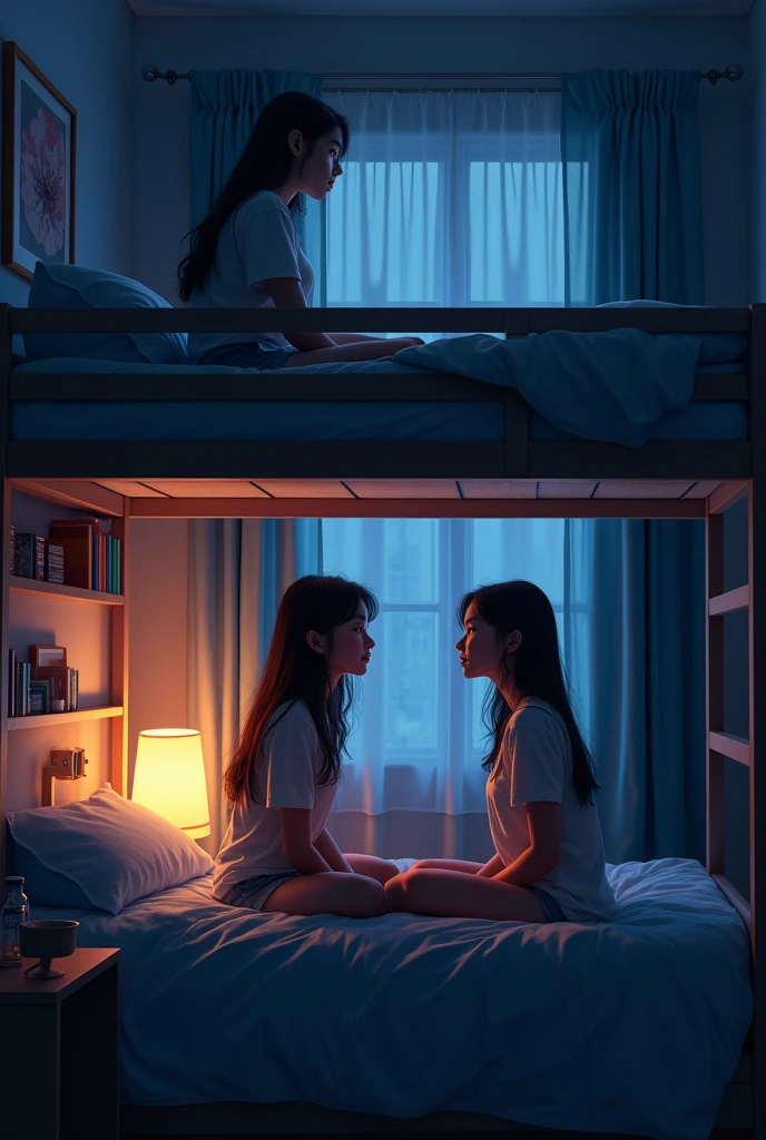 At midnight, two people in the room only. a girl on the upper bunk bed ...
