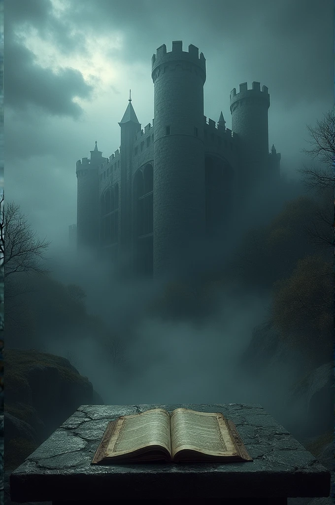 A dark medieval castle surrounded by mist, with ominous skies and a ...