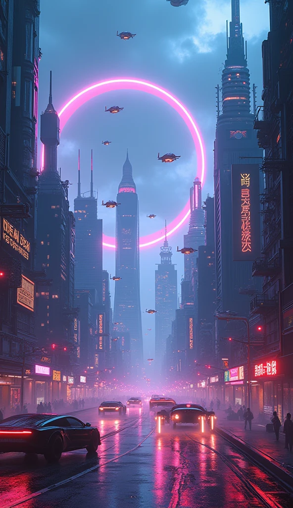 A futuristic sci-fi city, laser circle in light blue and pink - SeaArt AI